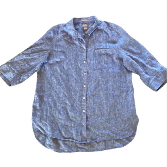Chico's | Tops | Chicos Light Blue Linen Tunic Top 34 Sleeve Button Up ...